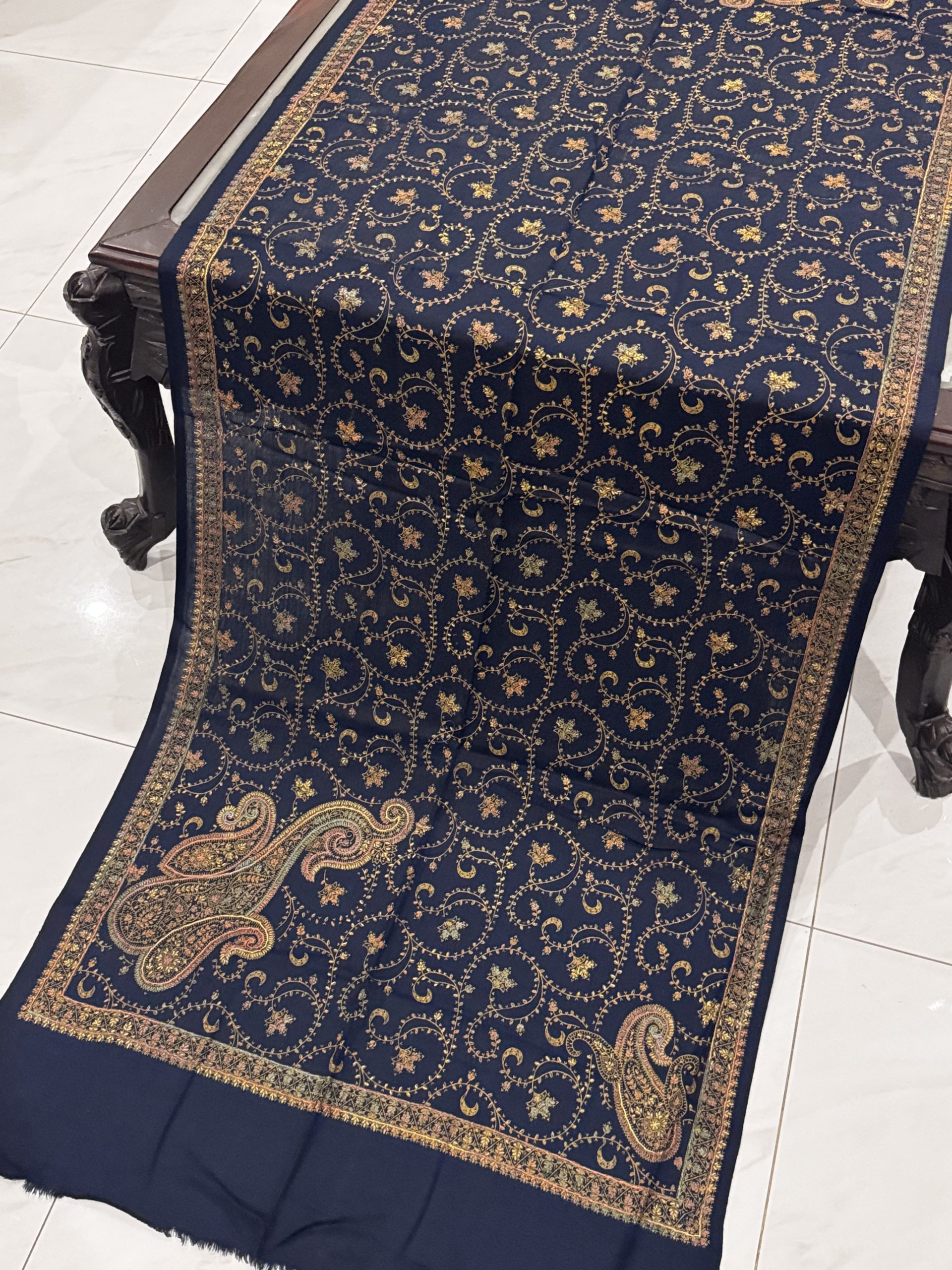 Elhaan – Navy Blue Pashmina Stole with Classic Full Embroidery (28×80 ...