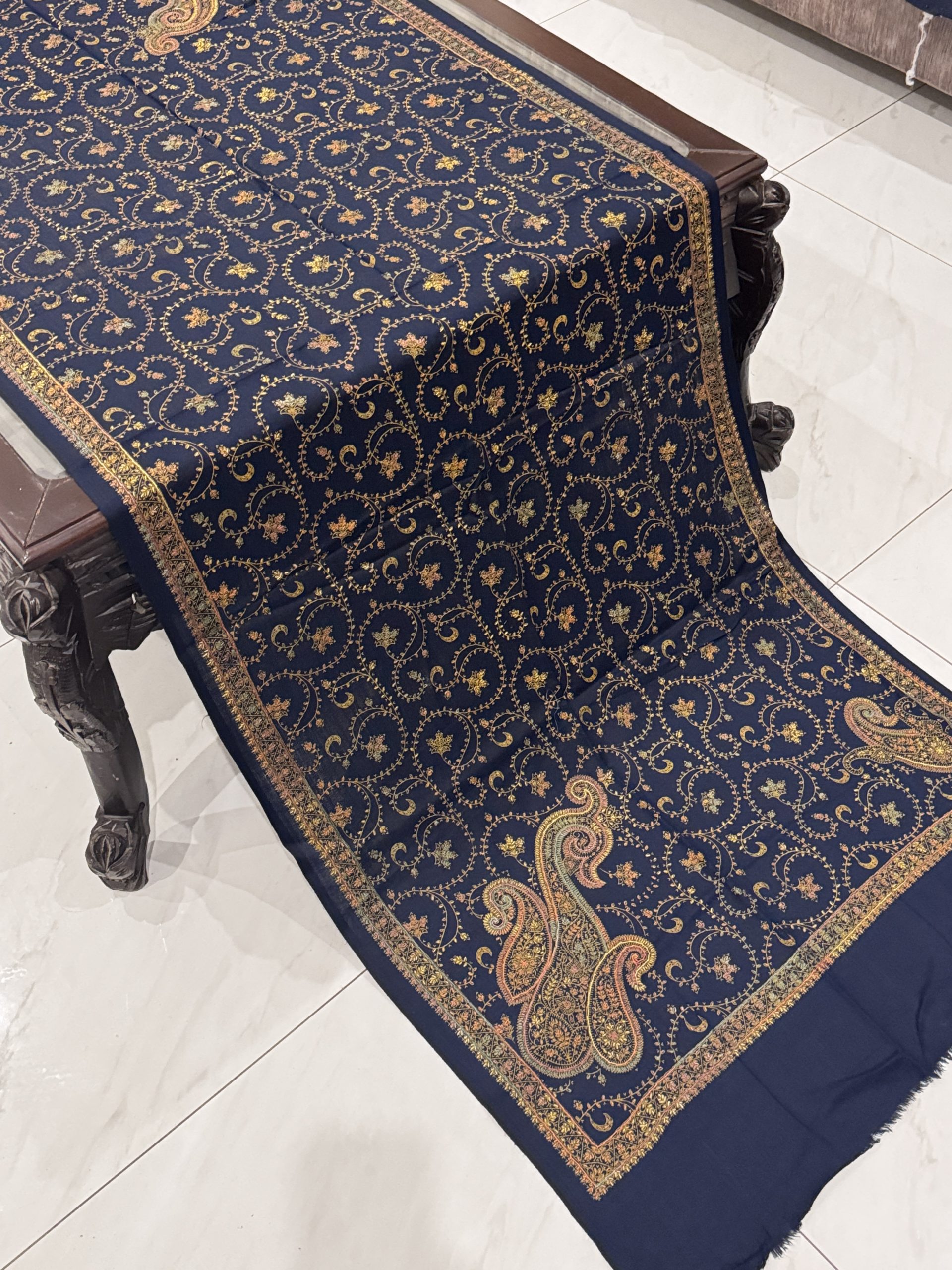 Elhaan – Navy Blue Pashmina Stole with Classic Full Embroidery (28×80 ...